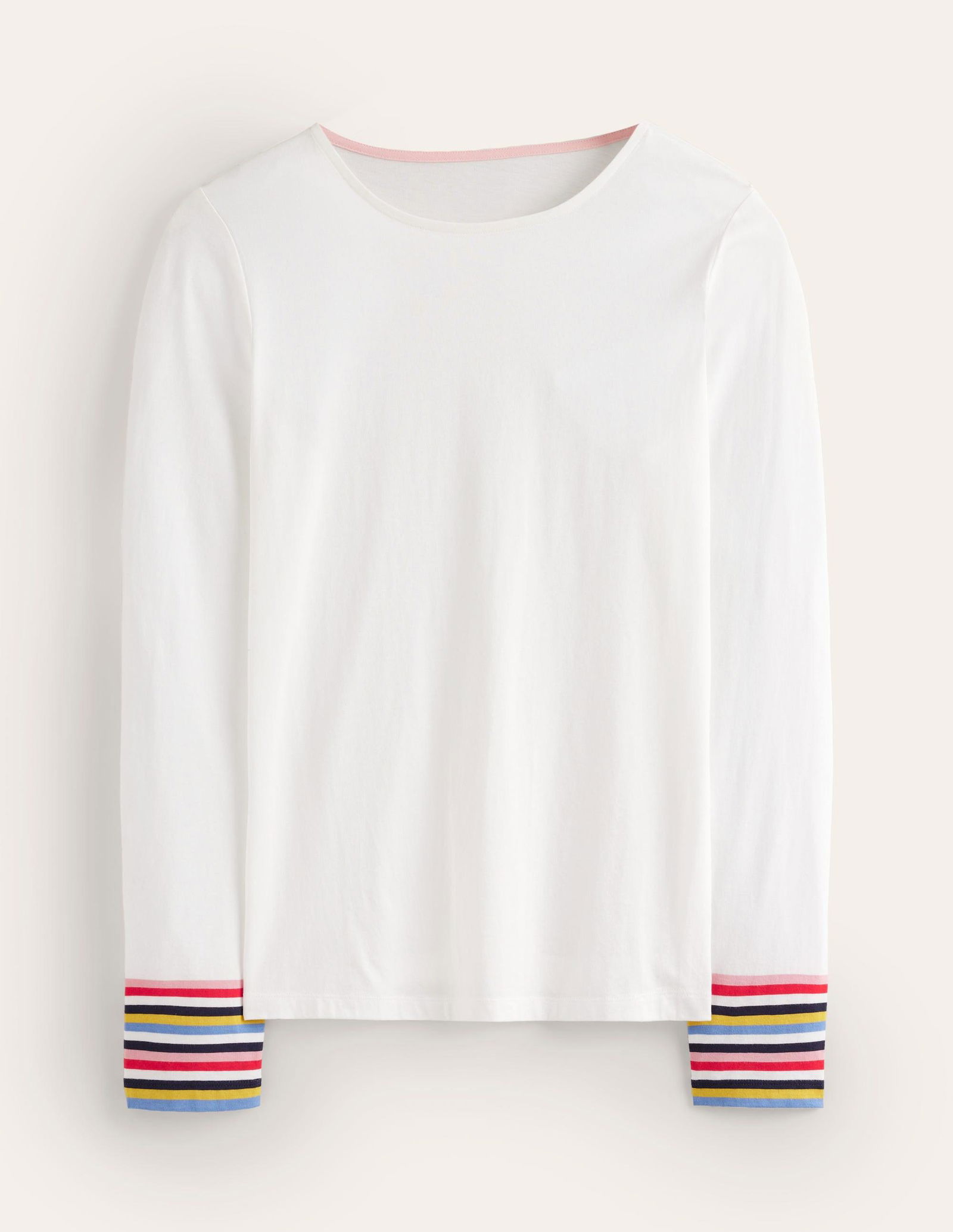 BODEN Crew Neck Stripe Cuff Top in White Multi Stripe Cuff | endource