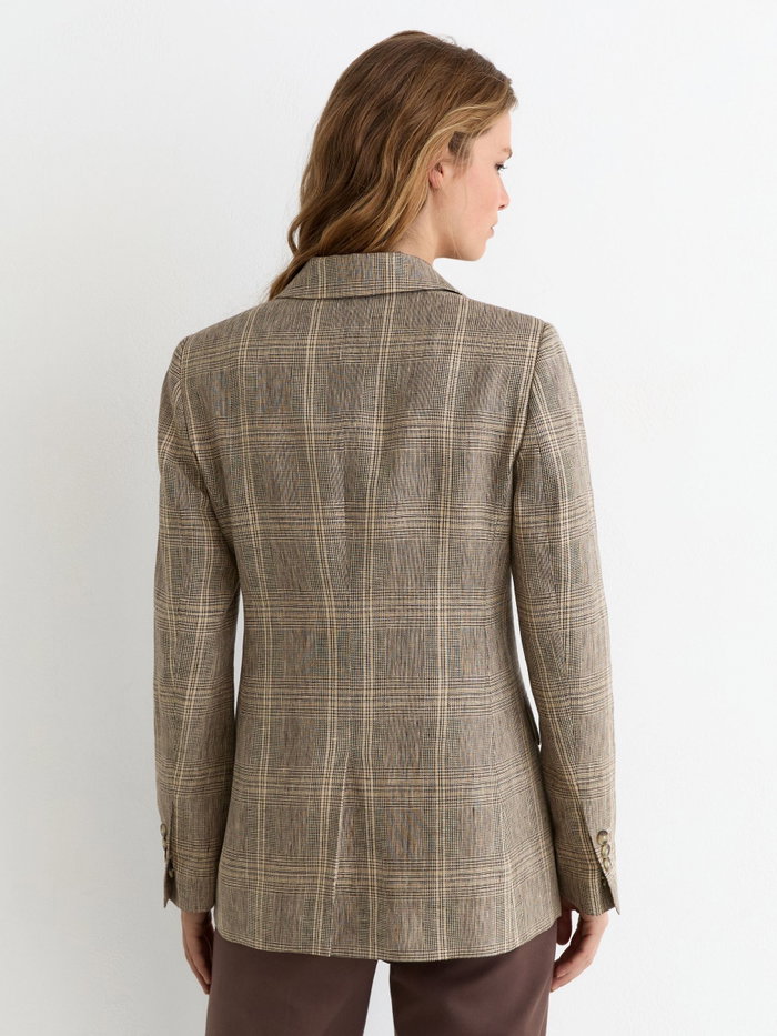 REISS Sybil Linen Double-Breasted Check Blazer In Neutral Check | endource