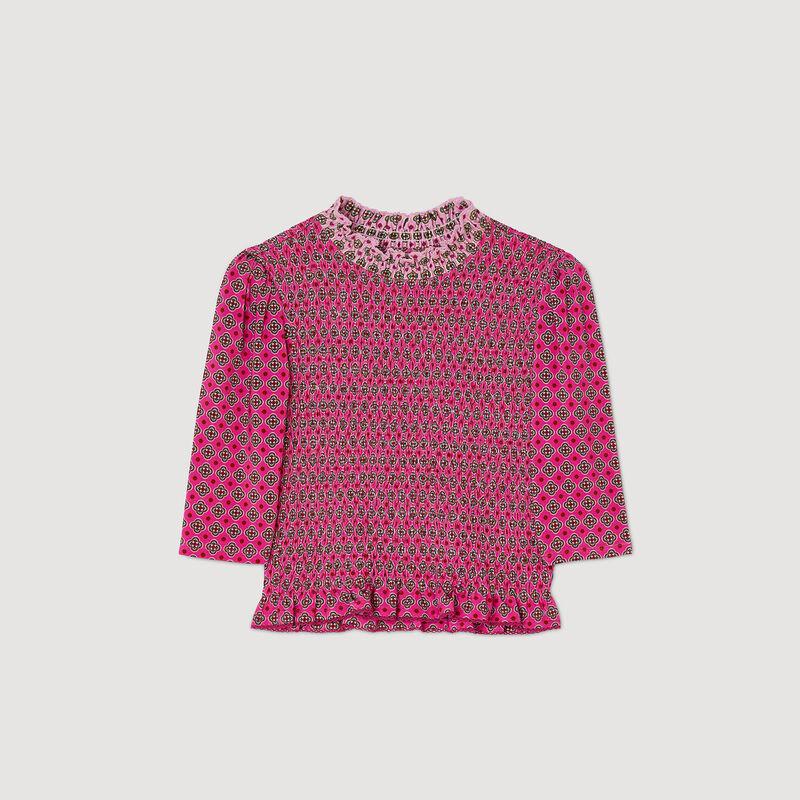 SANDRO Patterned Smocked T-Shirt in Pink | endource