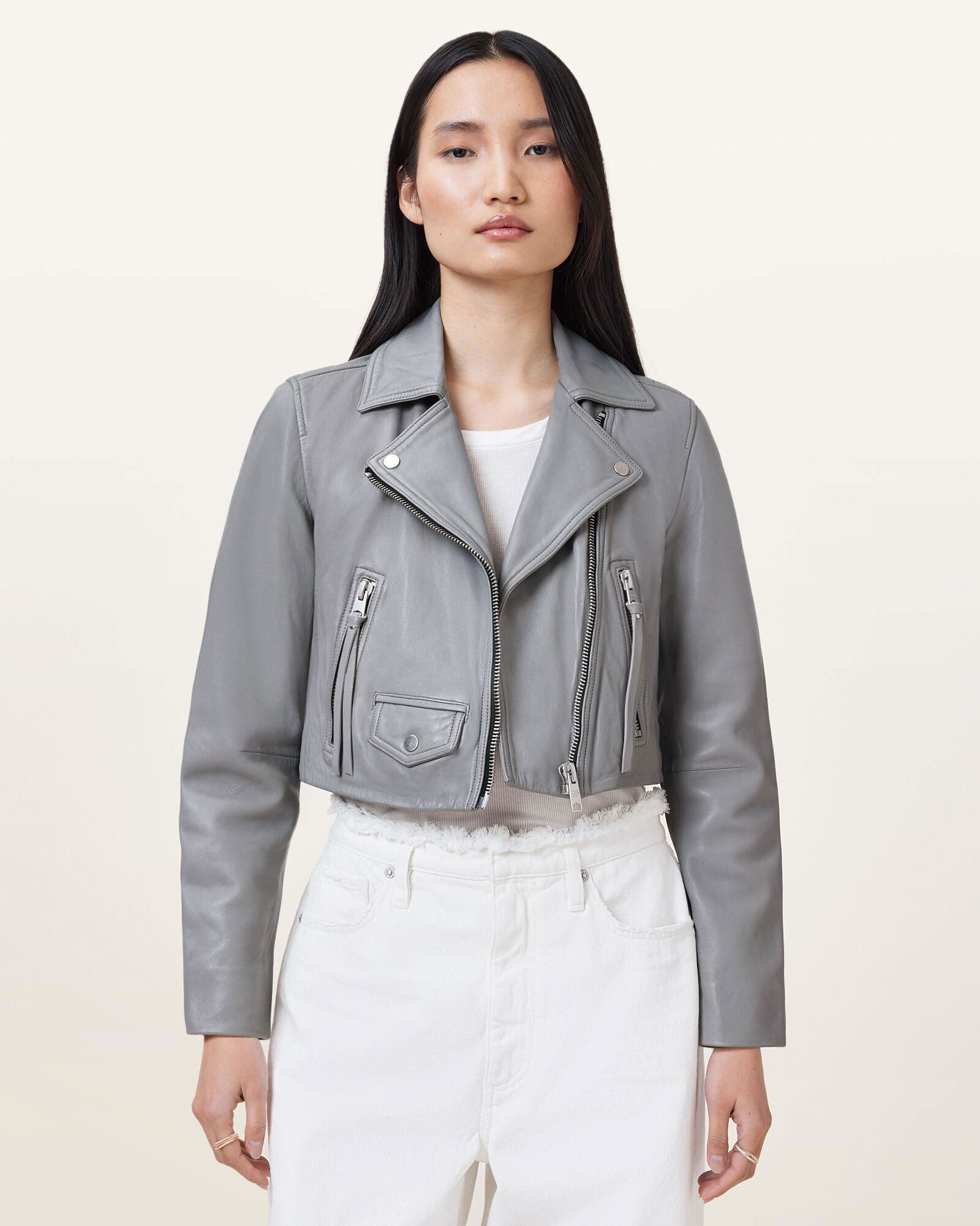 ALLSAINTS Elora Cropped Slim Leather Biker Jacket in Silver Birch Grey | endource