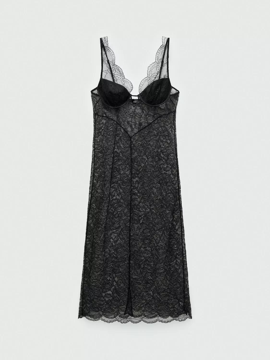 MANGO Jade Lace Sheer Midi Dress in Black | endource