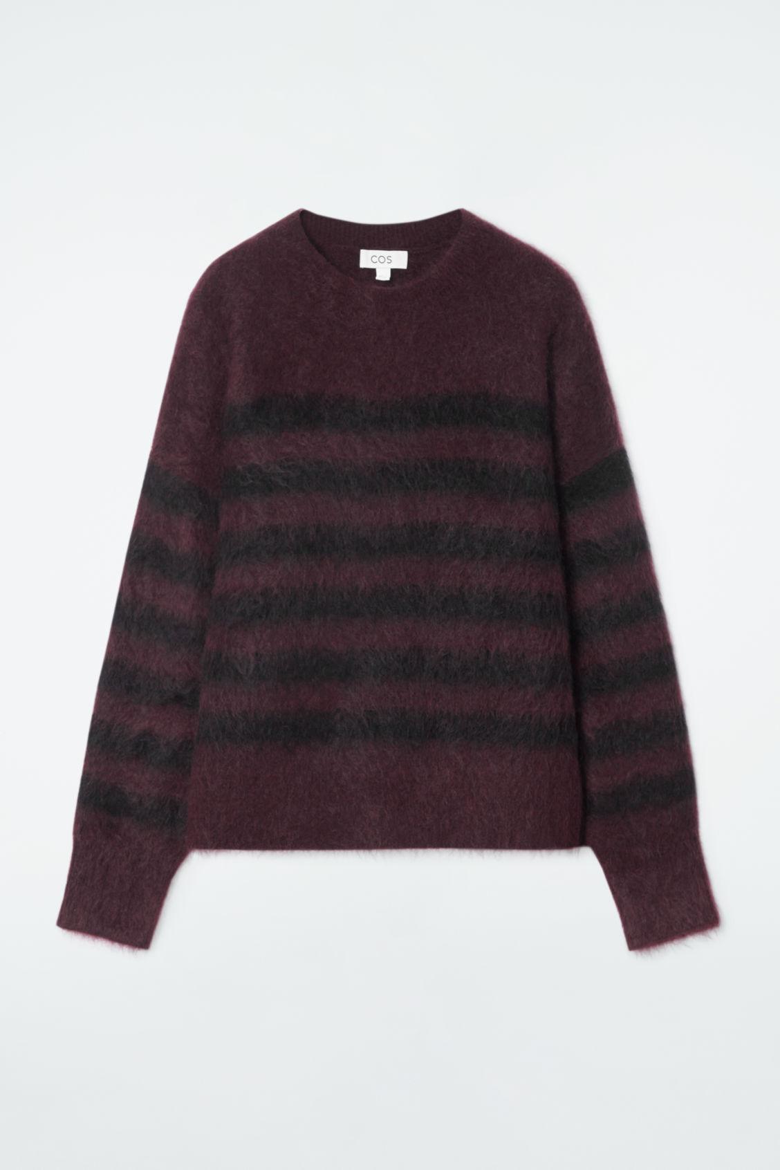 COS Striped Brushed-Mohair Crew-Neck Jumper in BLACK / BURGUNDY ...