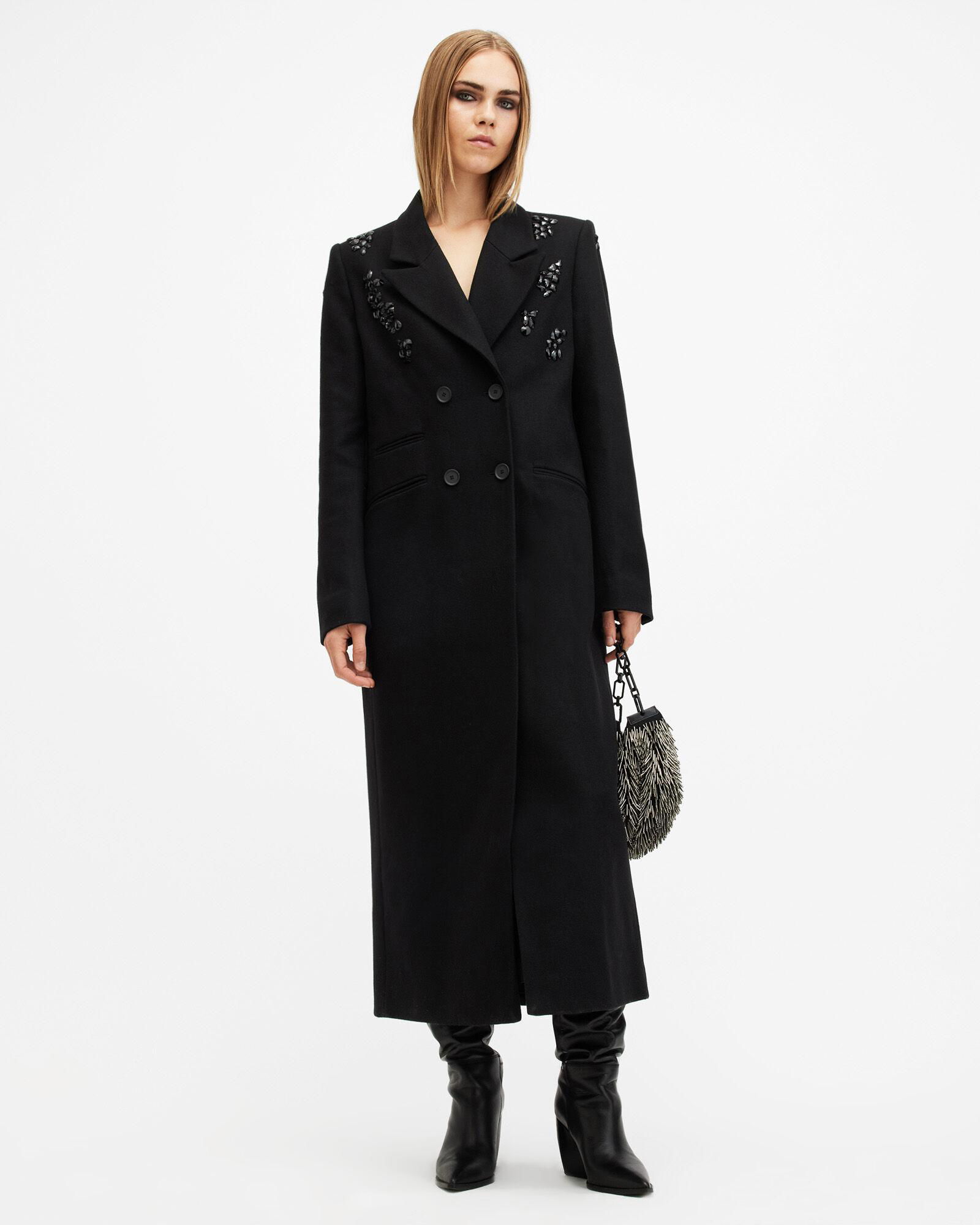 ALLSAINTS Ellen Embellished Double Breasted Coat in Black | endource