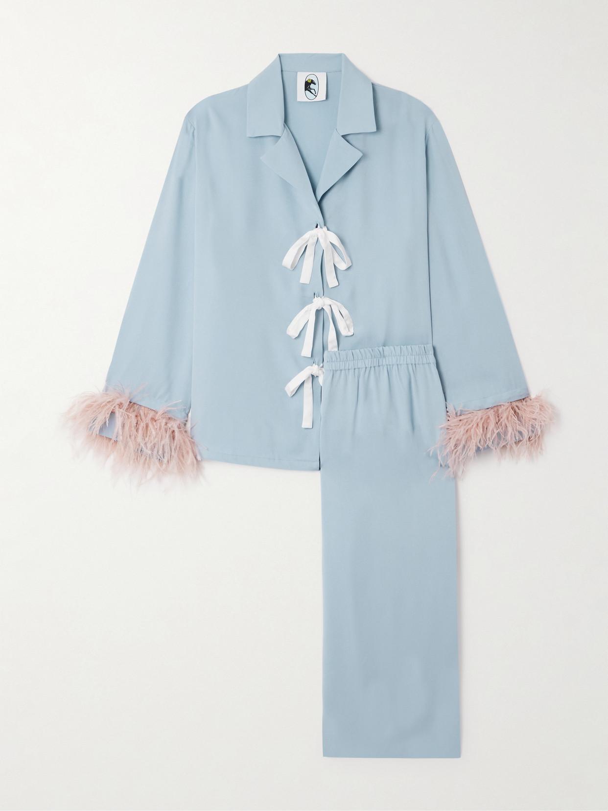 SLEEPER Party Feather-Trimmed Twill Pajama Set in Blue | endource