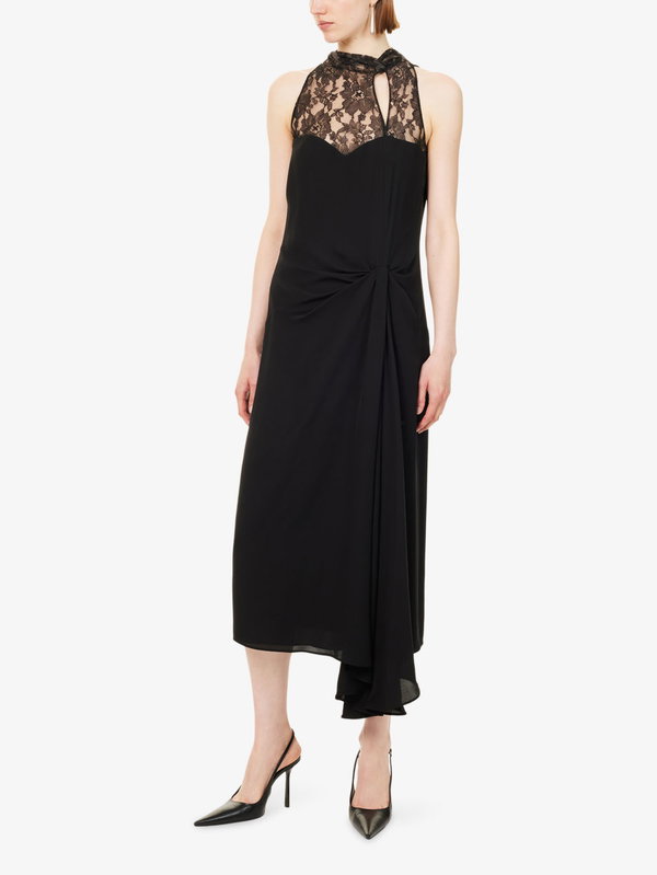 VALENTINO GARAVANI Lace-Panel High-Neck Silk Midi Dress | endource