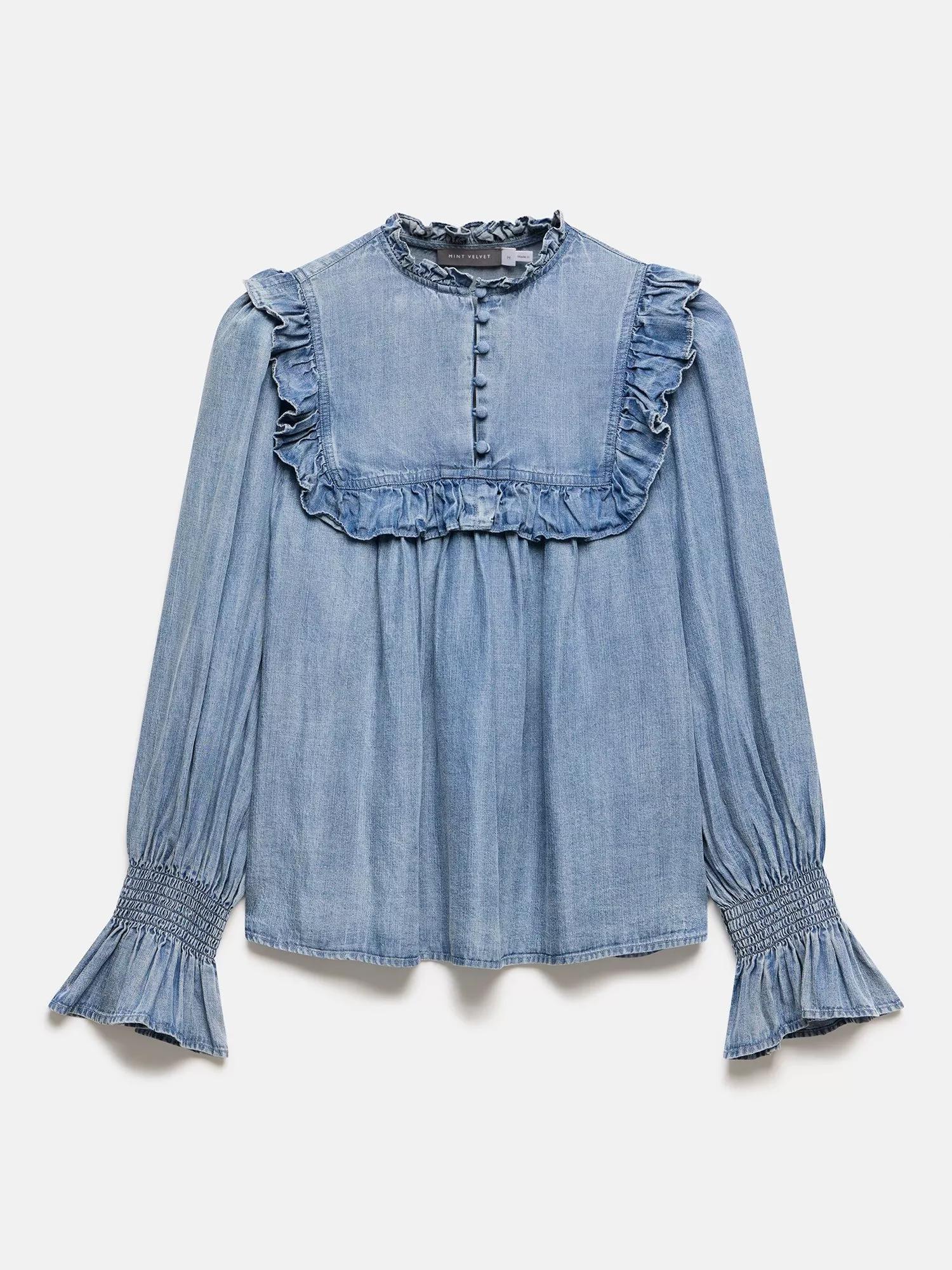 MINT VELVET Ruffle Trim High Neck Blouse in Light Indigo | endource