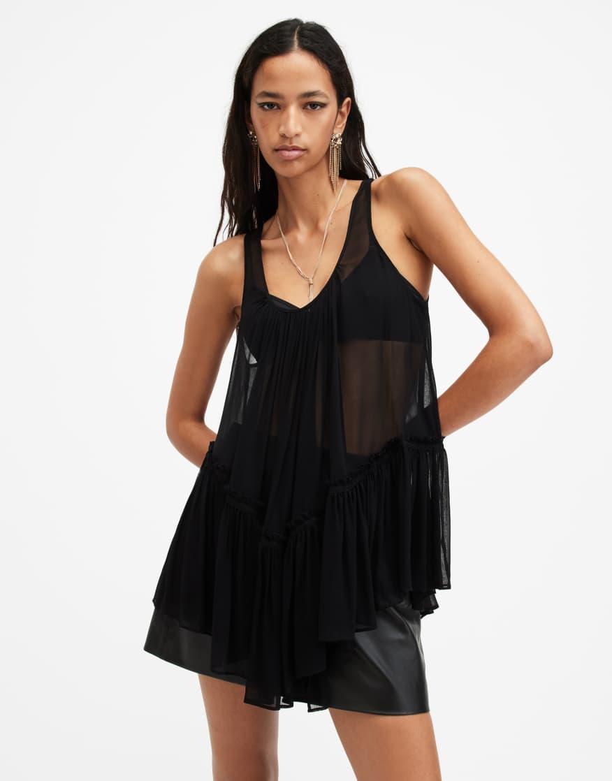 ALLSAINTS Rach Semi Sheer Ruffle Top in BLACK | endource
