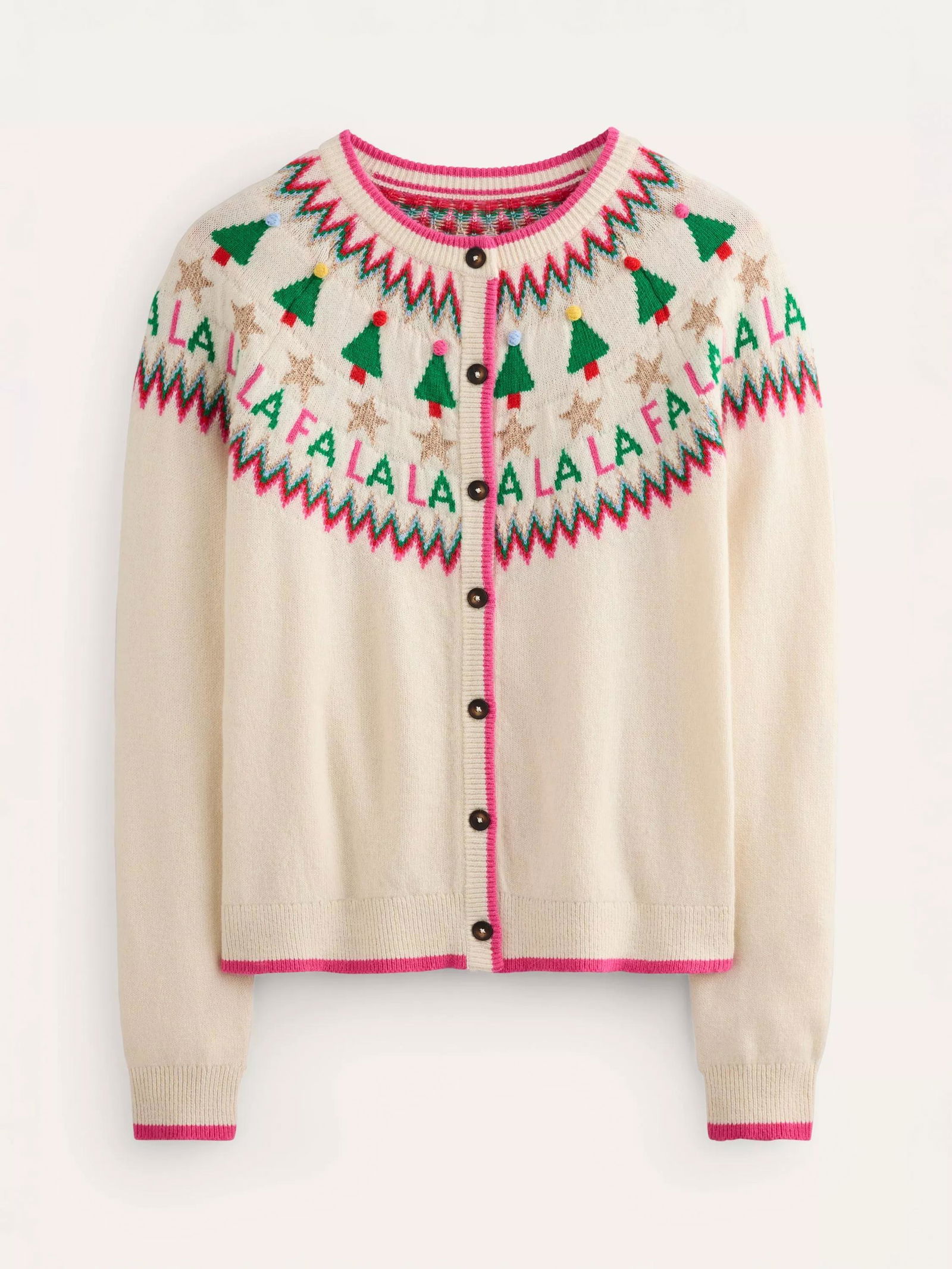 BODEN Edie Fair Isle Trees Cardigan in Ecru Marl | endource