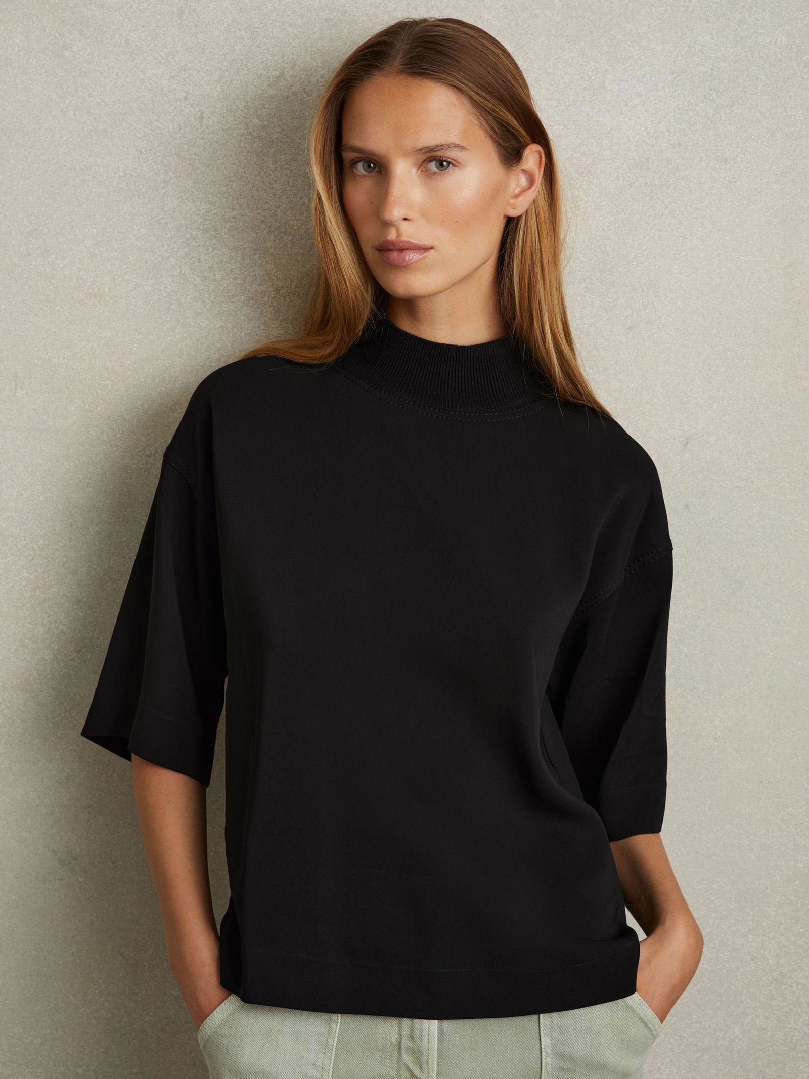 REISS Oversized Rib Neck T-Shirt in Black | endource