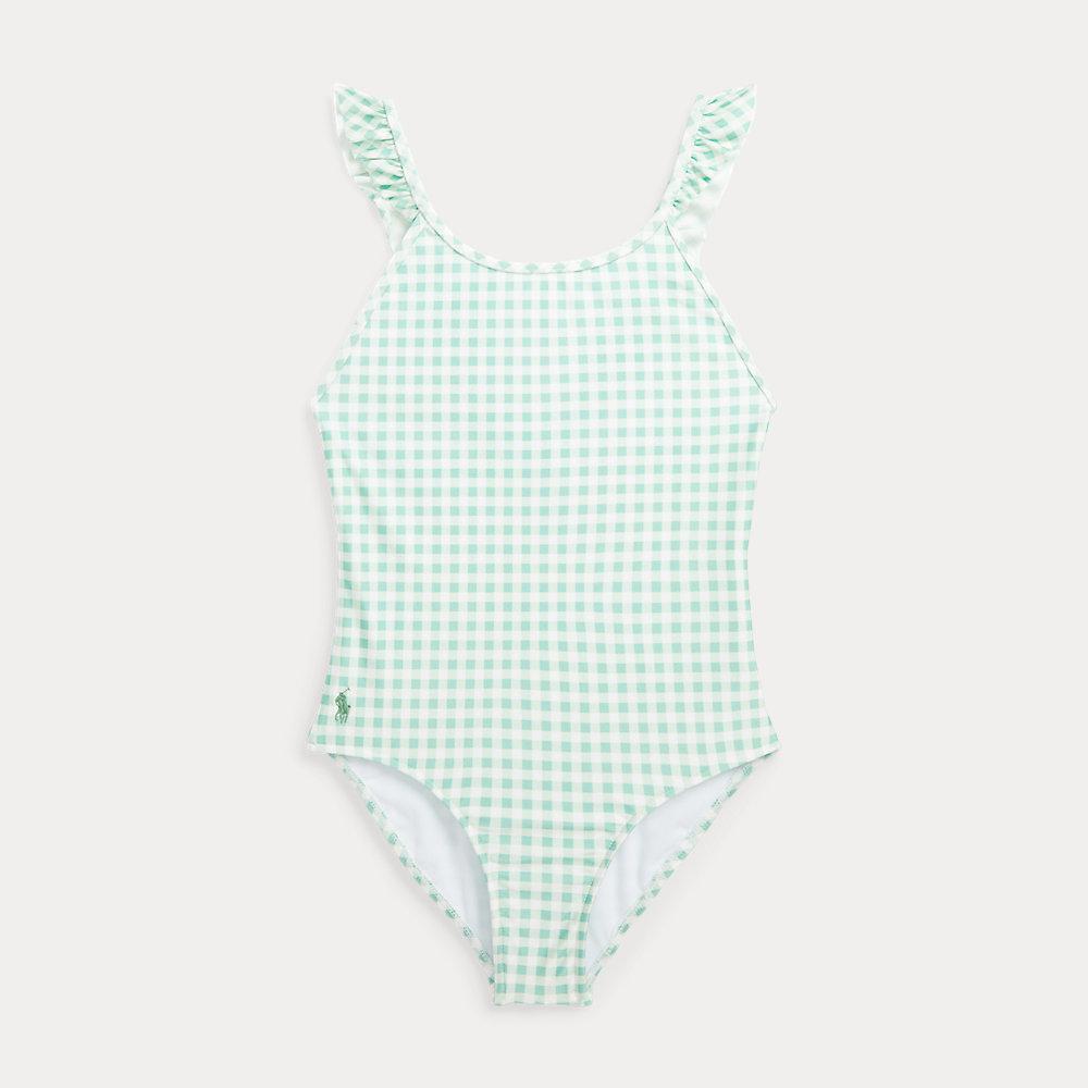 RALPH LAUREN Gingham Ruffled One-Piece Swimsuit in Green | Endource