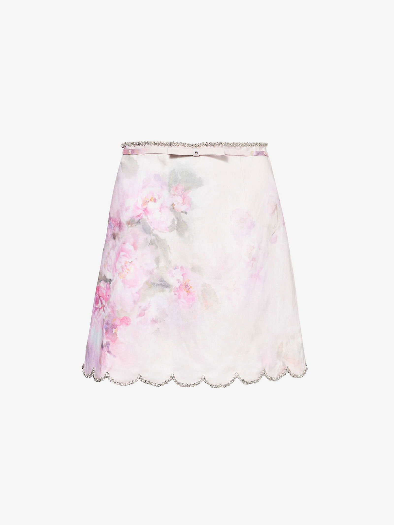 ZIMMERMANN Crush Scalloped Floral-Pattern Linen Mini Skirt in PINK ...