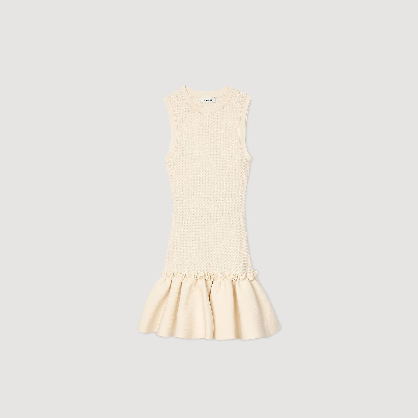 SANDRO Short Knit Dress With Ruffle in Ecru | endource