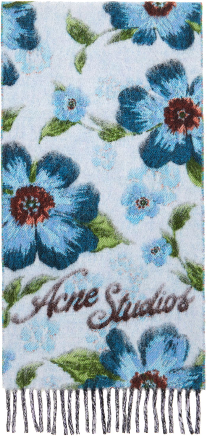 ACNE STUDIOS Blue Fringed Wool Scarf | endource