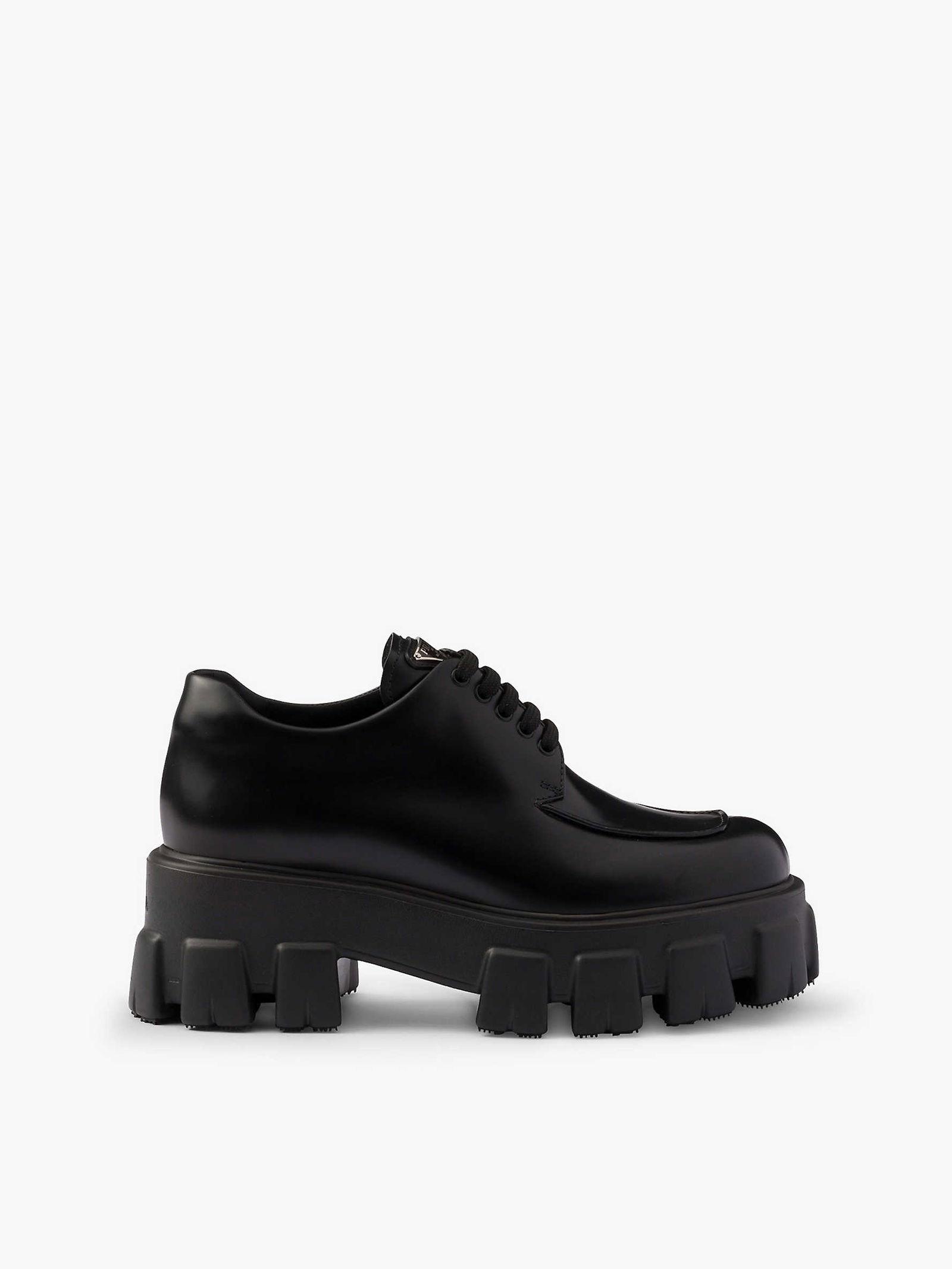 PRADA Monolith Brushed Leather Lace-Up Shoes in BLACK | endource