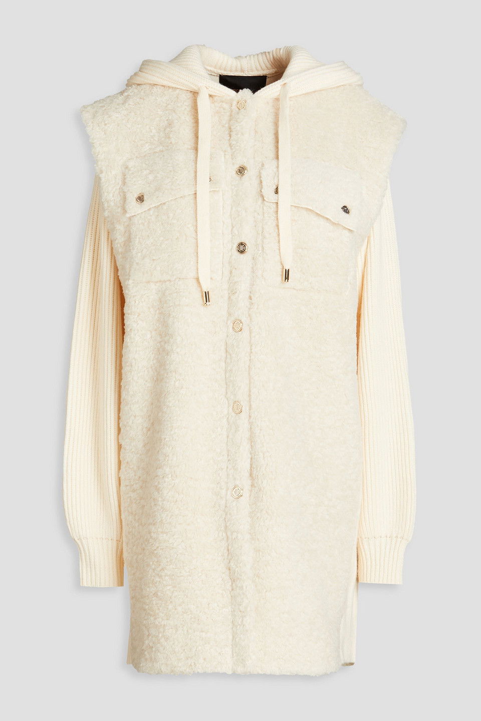 MAJE Knit-Paneled Faux Fur Coat in White | endource