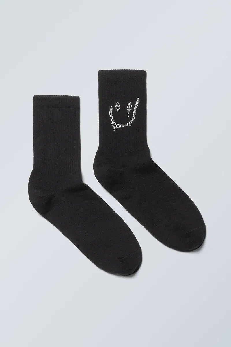 WEEKDAY Graphic Sport Sock in Black Rhinestone Smiling | endource