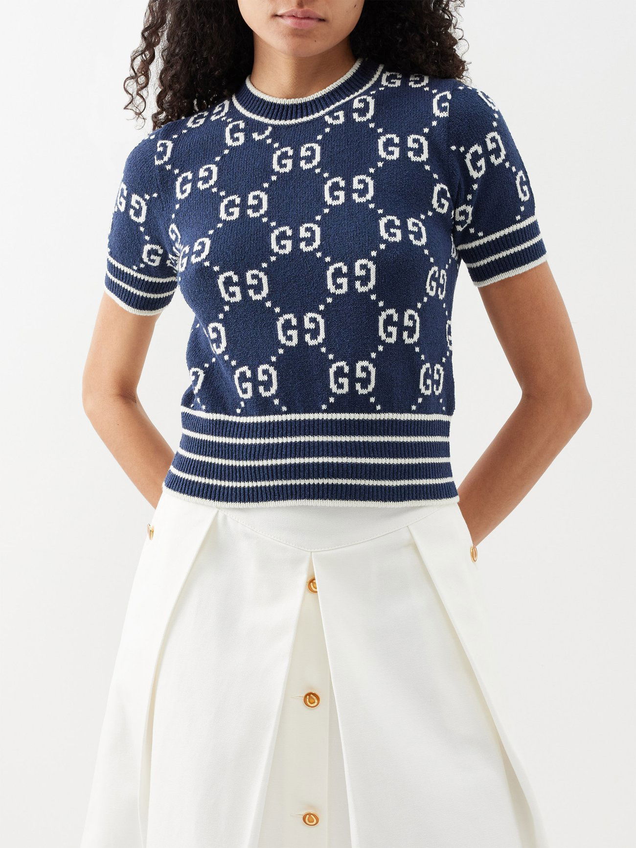 GUCCI GG-Jacquard Short-Sleeved Sweater in Navy | Endource