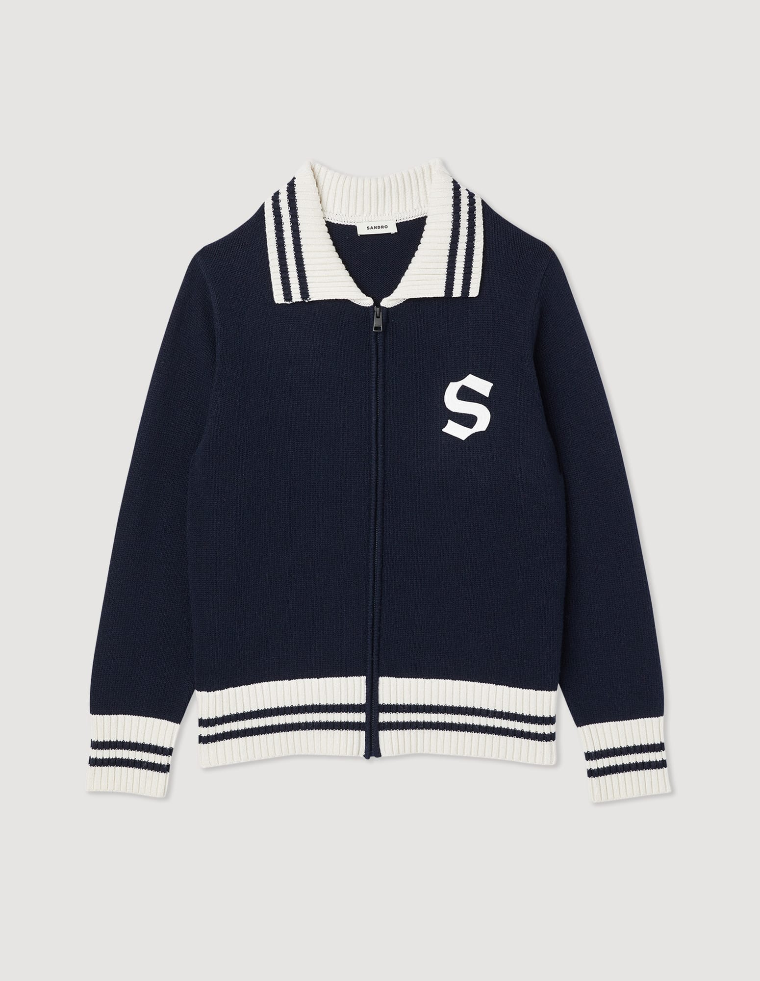 SANDRO Two-Tone Knitted Cardigan in Navy Blue | endource