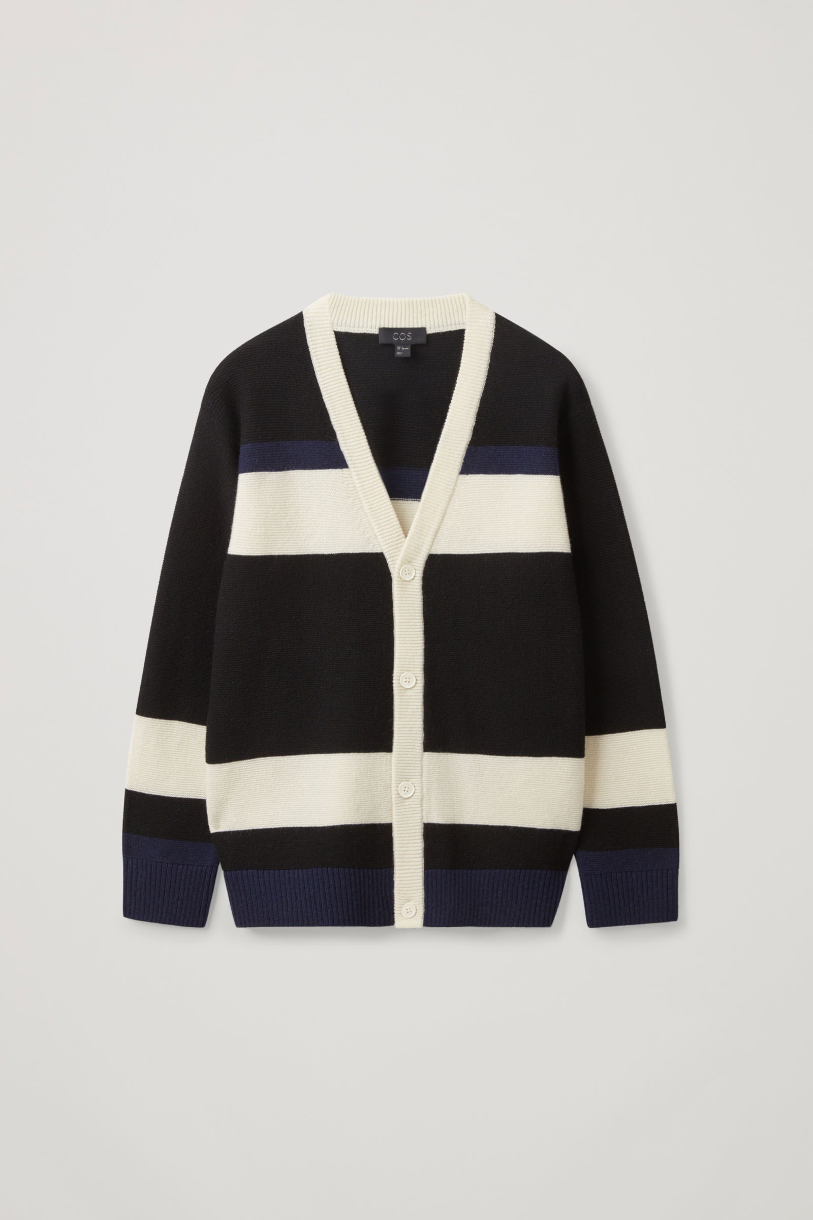 COS Colour-Block Lambswool Cardigan in Black / Navy / Off-white | Endource