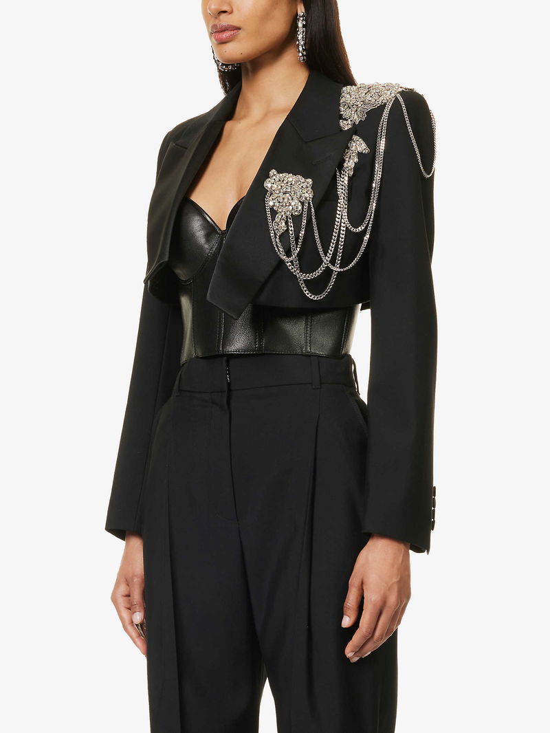 Alexander Mcqueen Crystal Embellished Cropped Wool Blazer In Black