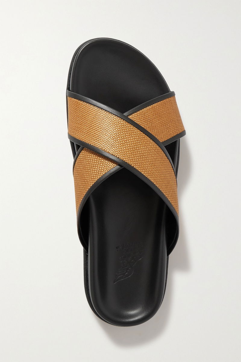 Ancient Greek Sandals Thais Leather Trimmed Raffia Slides In Black