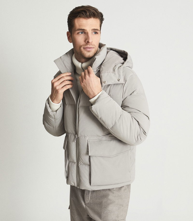 REISS Ryder Hooded Puffer Jacket in Stone | endource