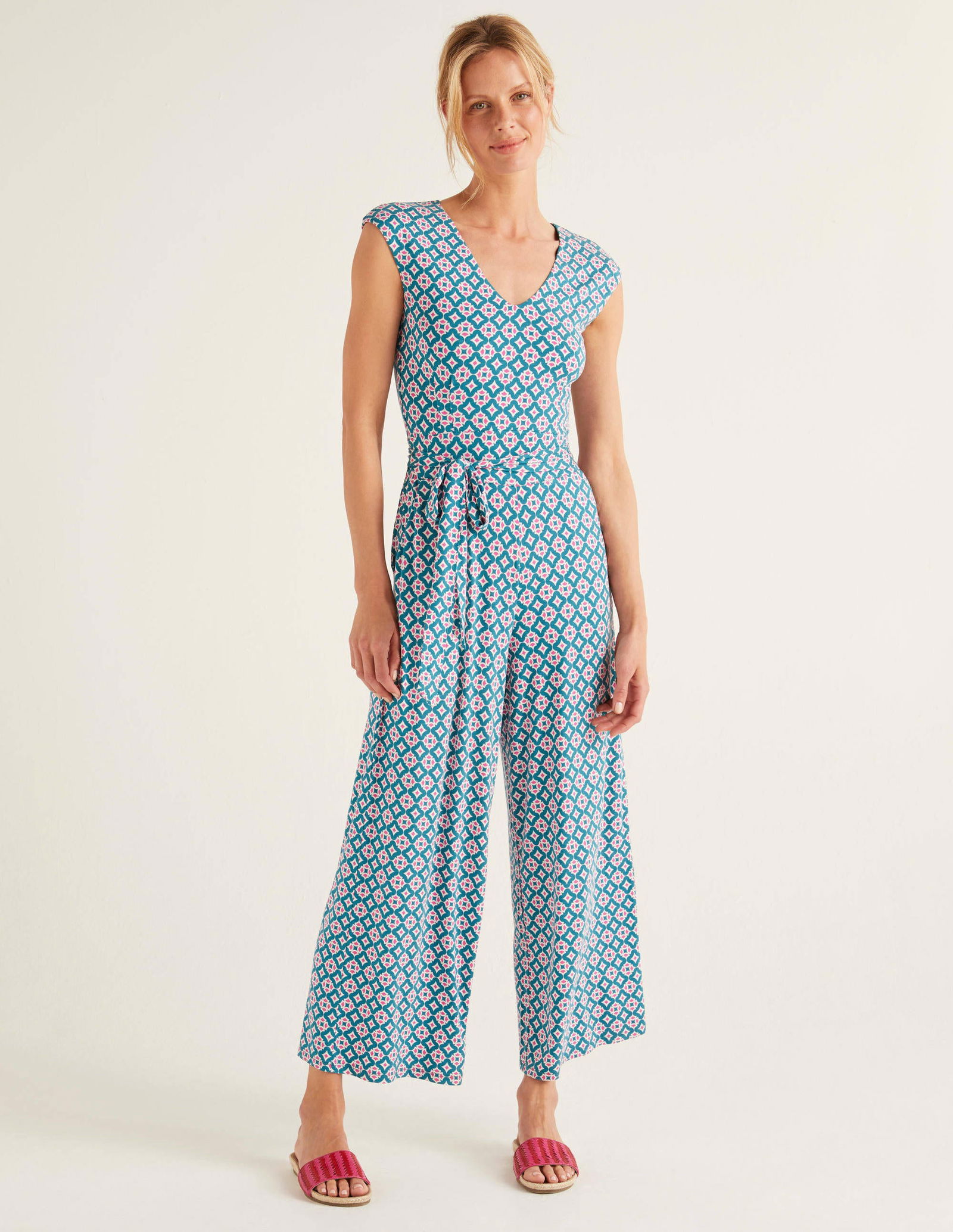 BODEN Corinne Jersey Jumpsuit in Vibrant Teal, Diamond Drop | Endource