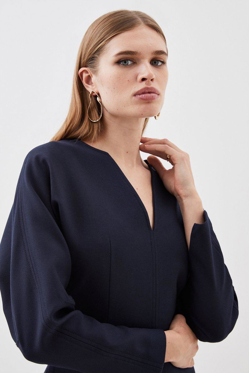 Karen Millen Tailored Flannel Seamed Detail Rounded Sleeve Midi Dress