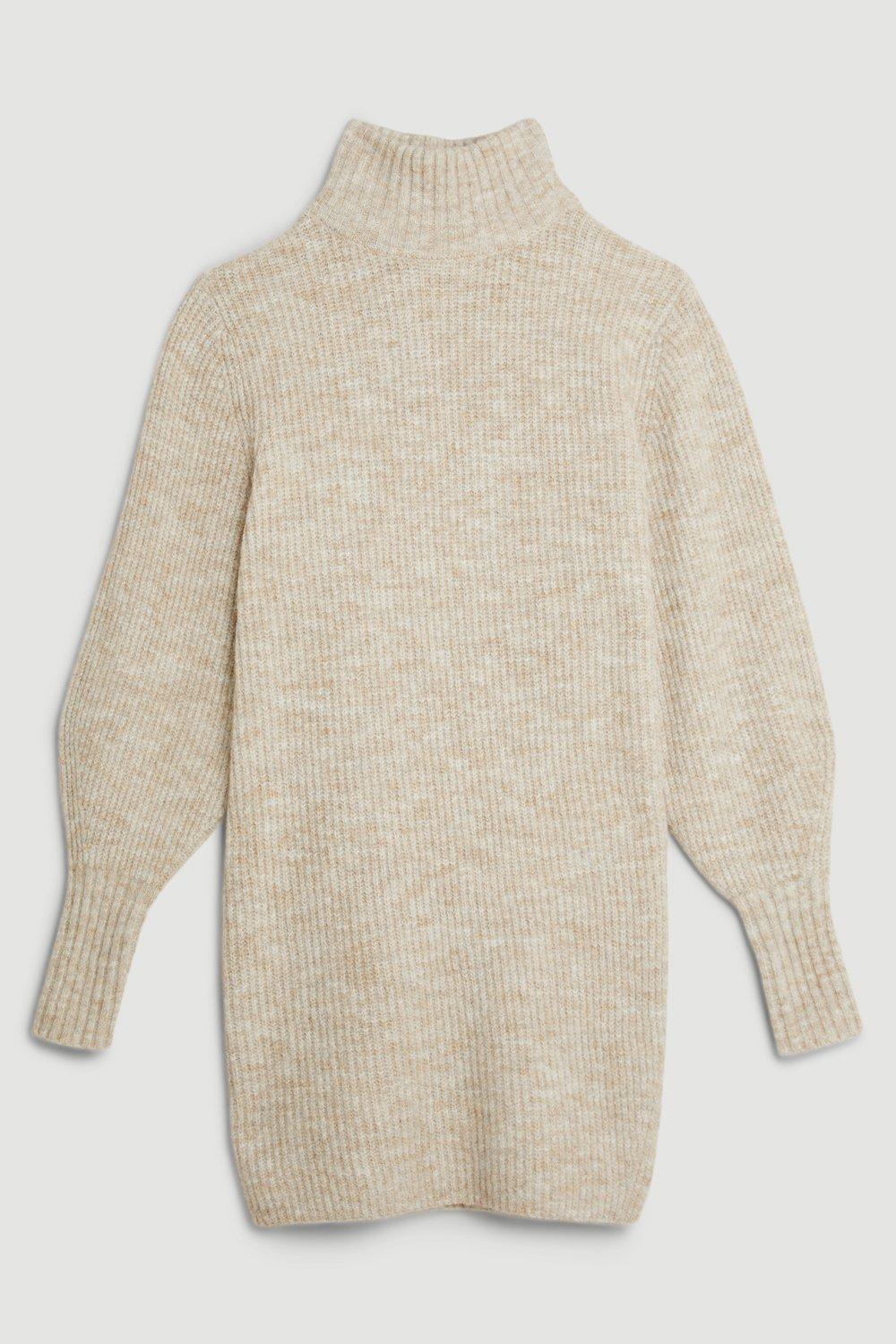 KAREN MILLEN Wool Blend Cosy Funnel Knit Longline Jumper in Grey Marl ...