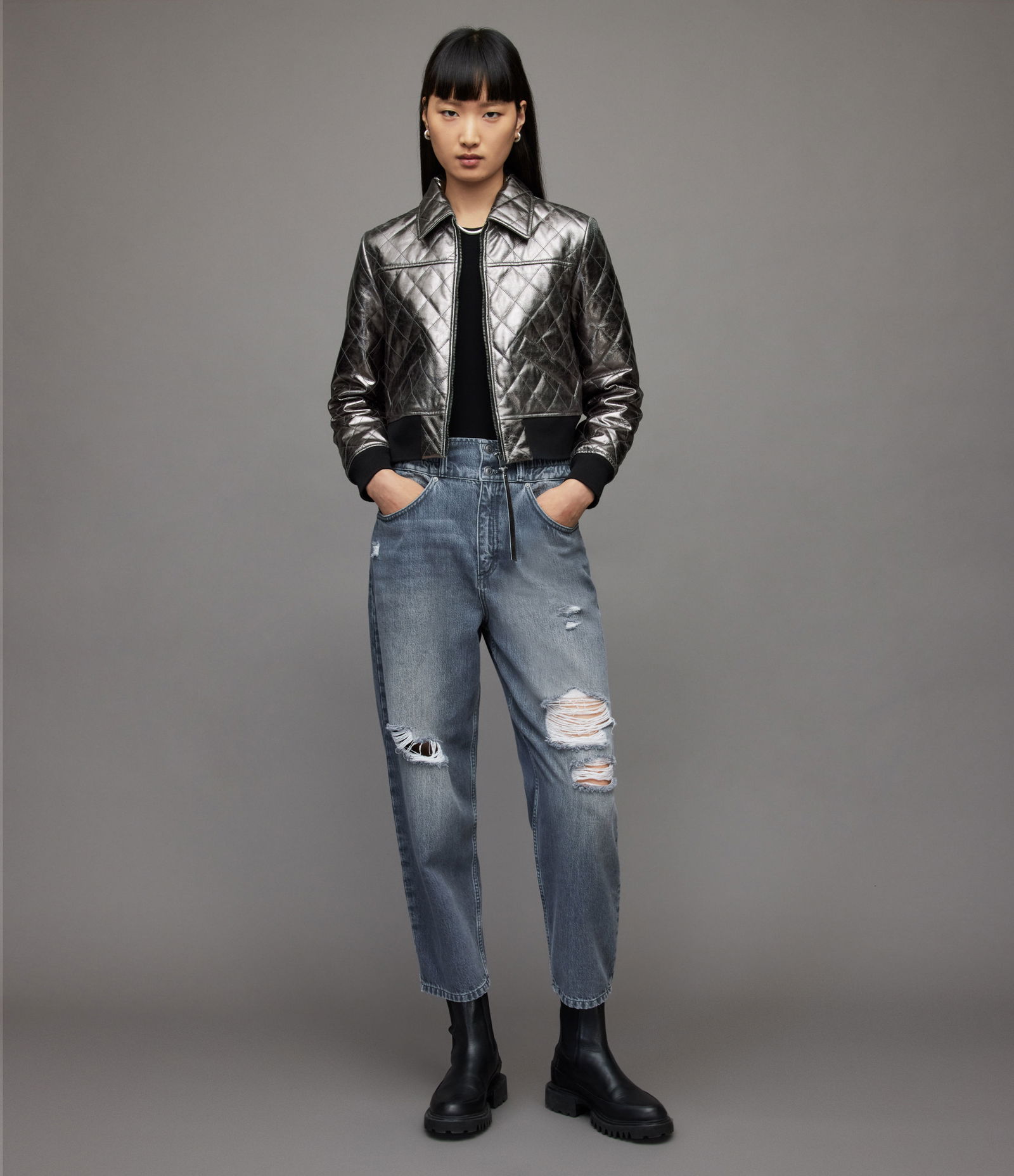 ALLSAINTS Quinn Metallic Bomber Jacket in Gunmetal | endource