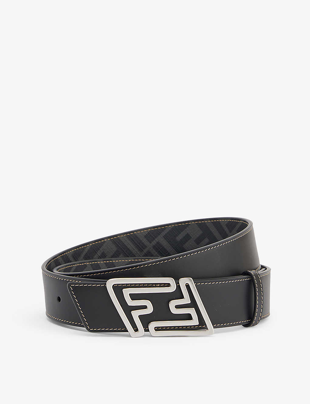FENDI FF-Logo Reversible Leather Belt in BLACKSATINPALLADIUM | Endource
