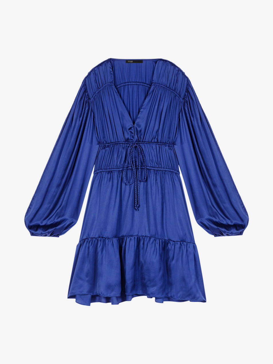 MAJE Pleated V-Neck Satin Mini Dress in Bleus | endource