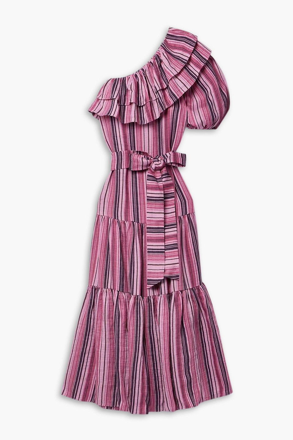 LISA MARIE FERNANDEZ Arden One-Sleeve Ruffled Striped Maxi Dress | endource