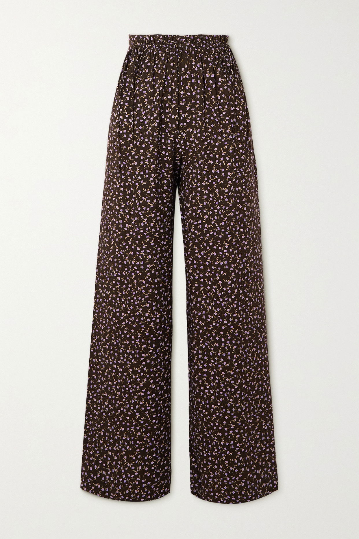 PEONY Gathered Floral-Print EcoVero Wide-Leg Pants in Brown | Endource