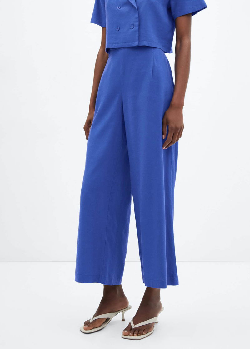 MANGO Wideleg Linen Trousers in Blue | endource