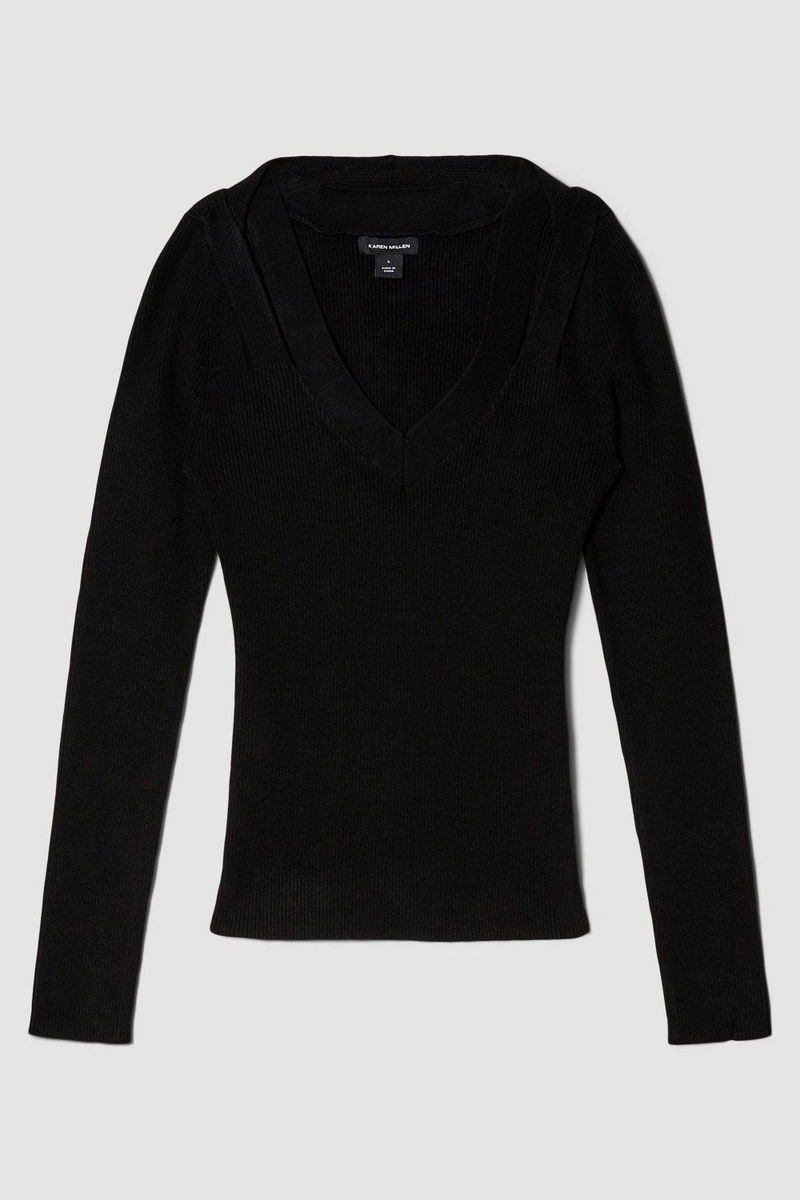 Karen Millen Cut Out V Neck Rib Knit Top In Orange Endource