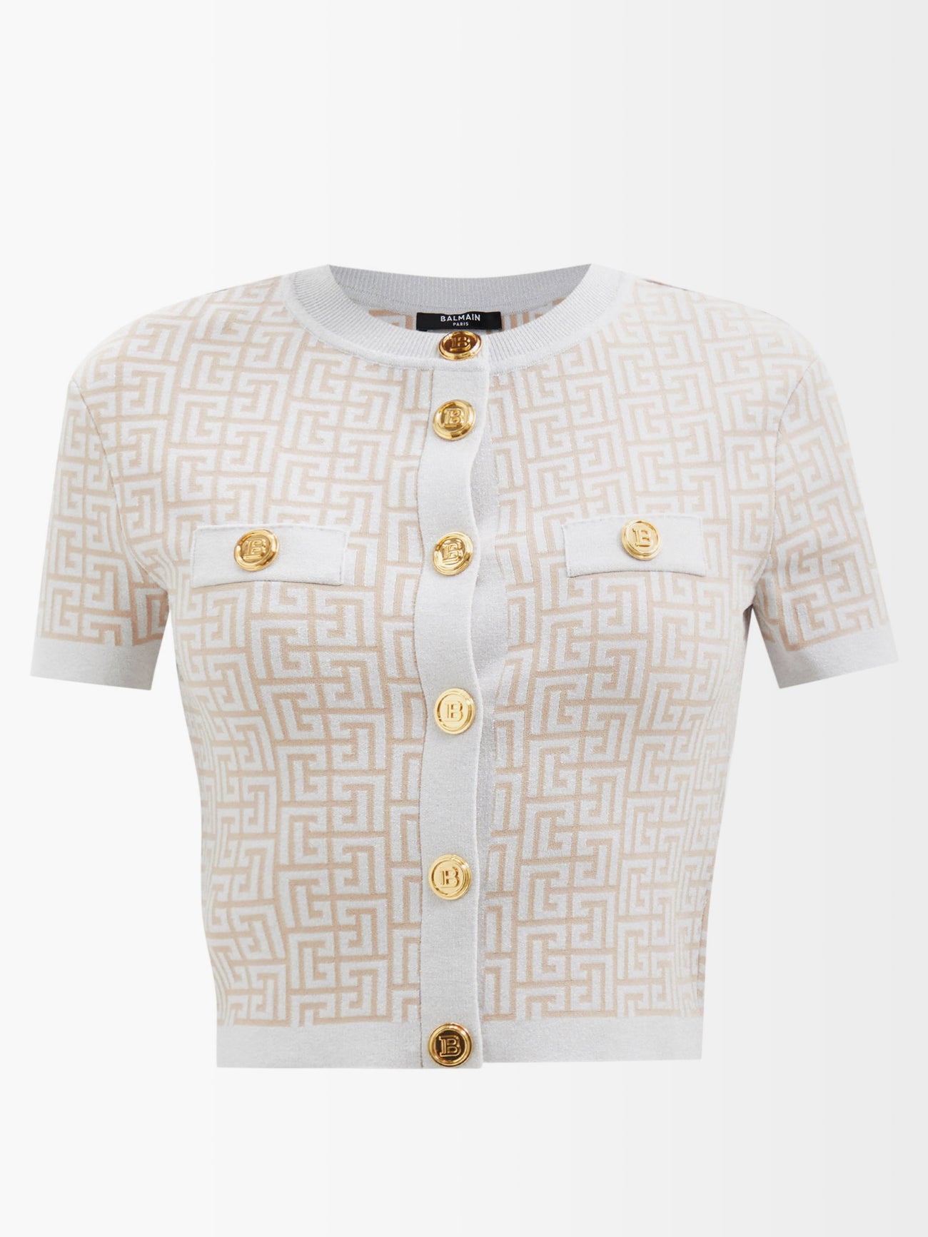 BALMAIN Monogram-Jacquard Knitted Cardigan in Camel | Endource