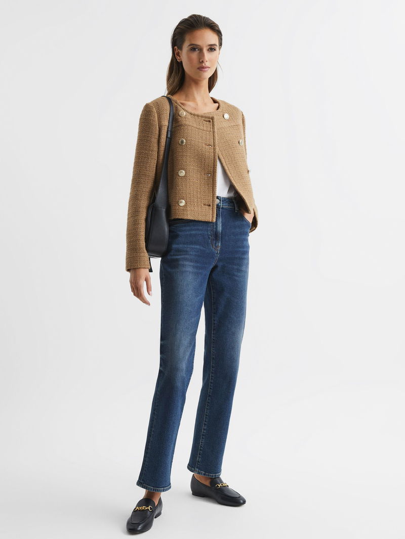 REISS Esmie Cropped Double Breasted Jacket in Camel | endource