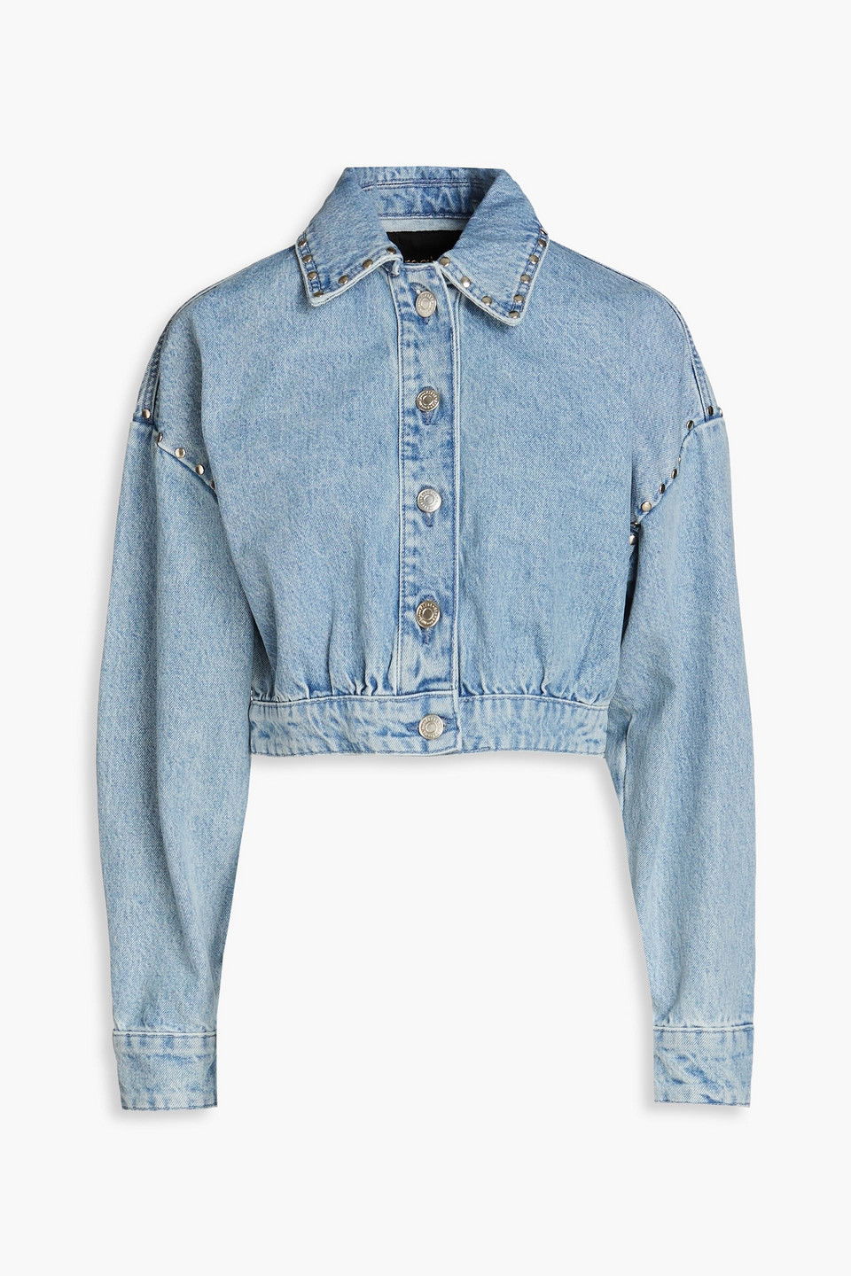 MAJE Gathered Studded Denim Jacket in Blue | endource