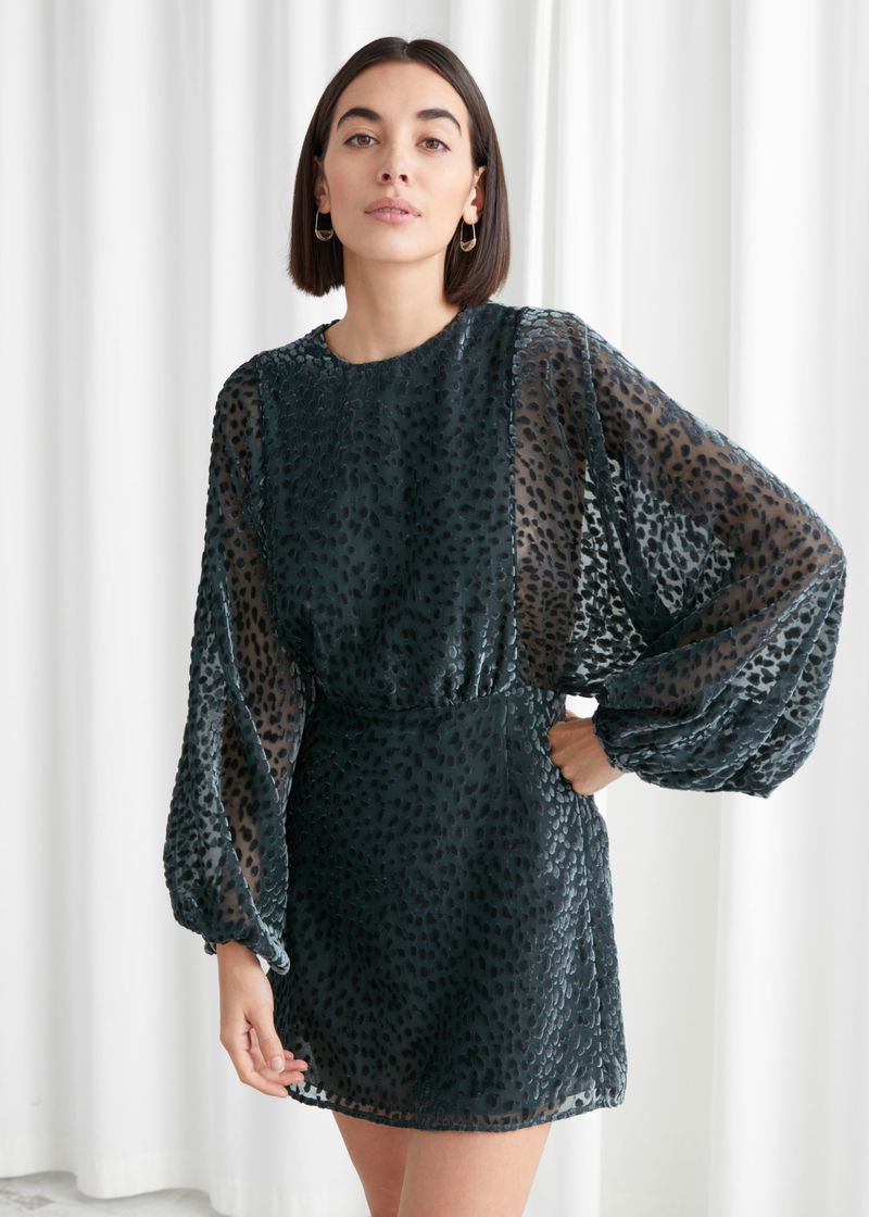 And Other Stories Sheer Voluminous Sleeve Mini Dress In Green Endource
