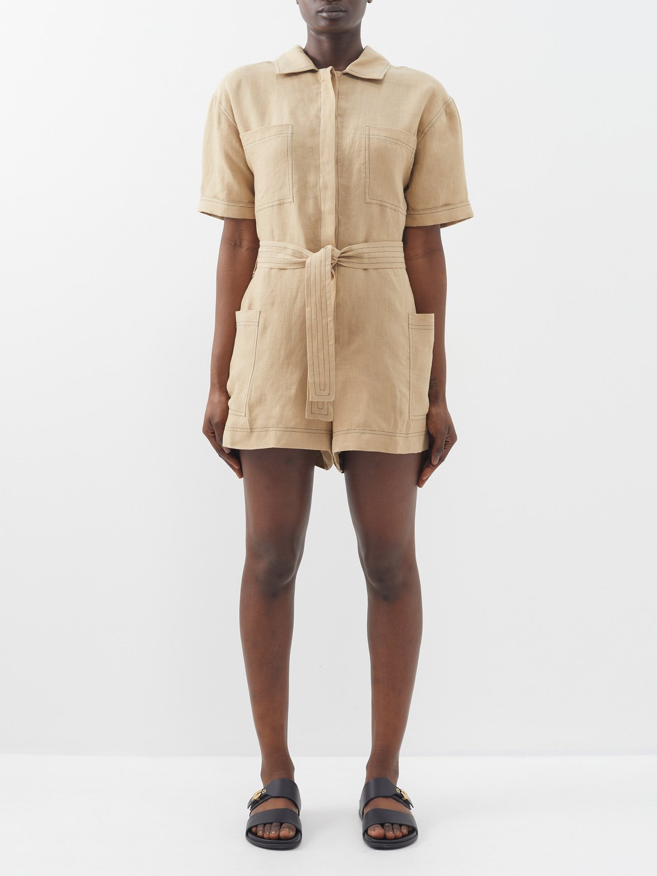 CASA RAKI Juana Belted Organic-Linen Playsuit in Beige | endource