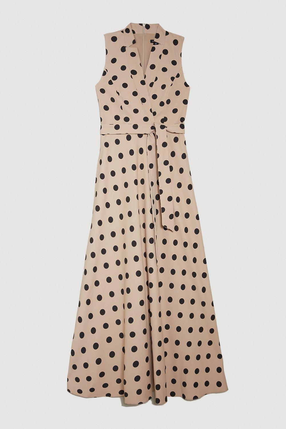 KAREN MILLEN Tall Polka Dot Linen Wrap Tie Waisted Midi Dress in Multi ...