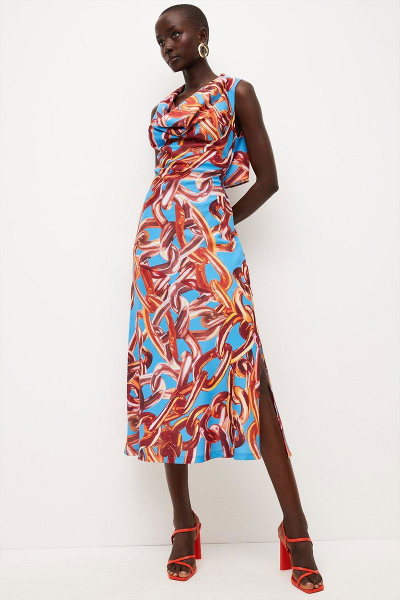 Karen Millen Chain Fluid Crepe Cowl Neck Woven Midi Dress Endource