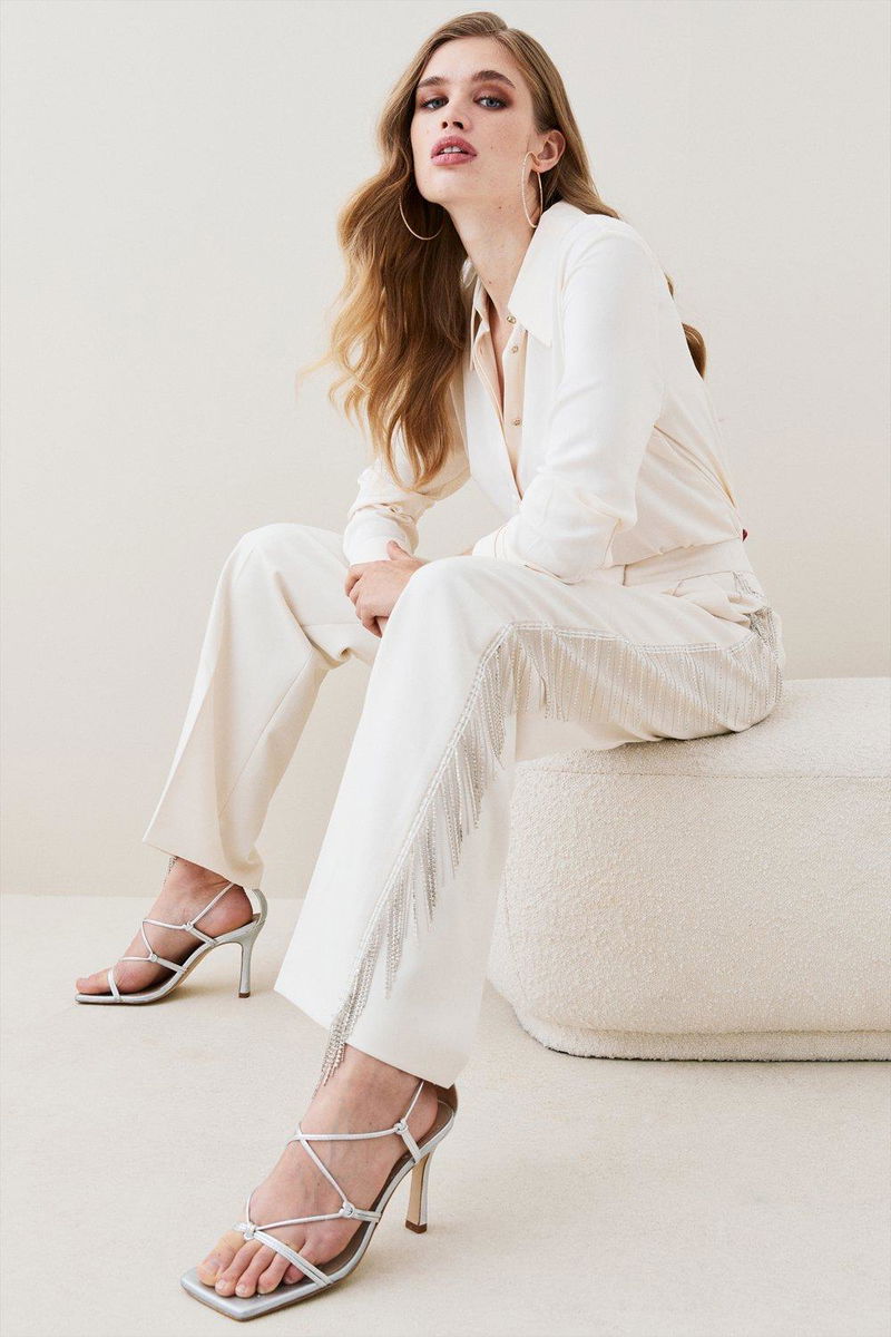 KAREN MILLEN Crystal Diamante Fringe Detail Suit Set in Ivory | endource