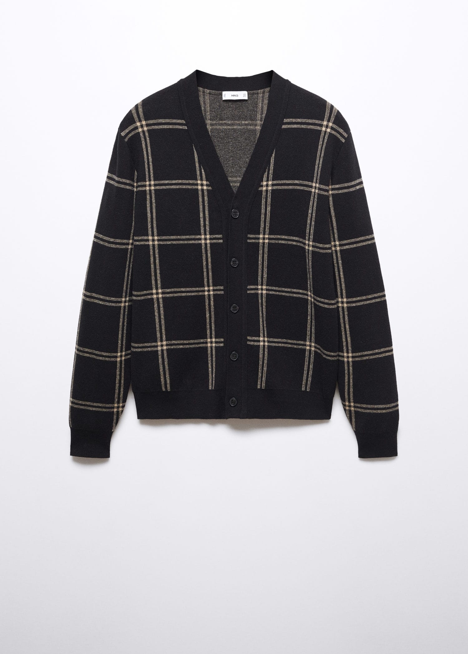 MANGO Fine Knit Windowpane Cardigan in Black | endource