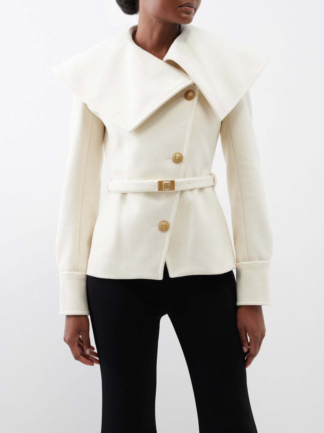 BALMAIN Asymmetric Belted Wool Jacket in White | endource