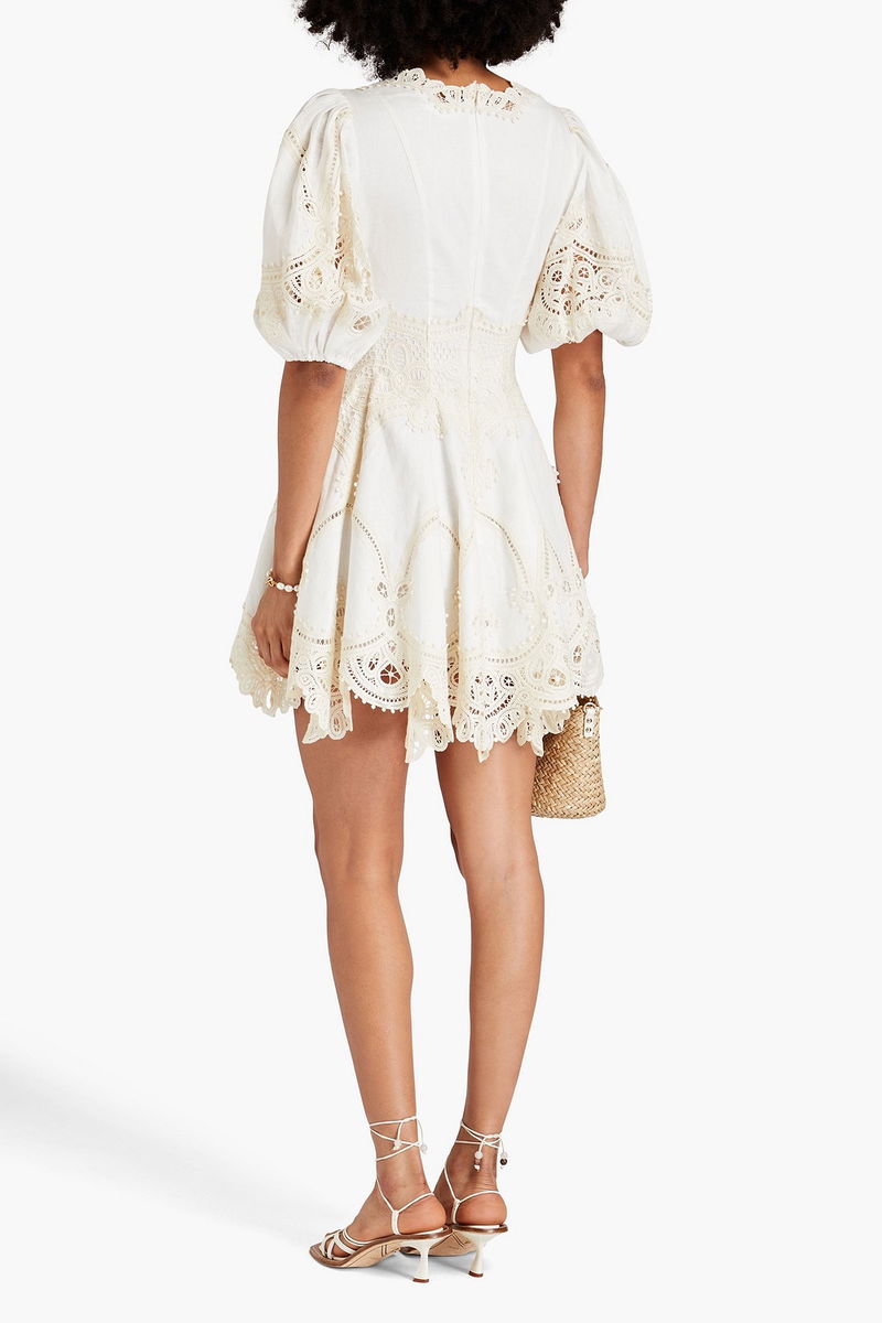 ZIMMERMANN Crocheted Lace-Paneled Linen Mini Dress in White | Endource