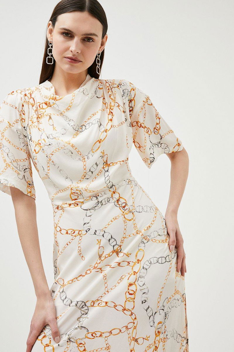 Karen Millen Viscose Crepe Chain Cowl Neck Woven Midi In Ivory Endource