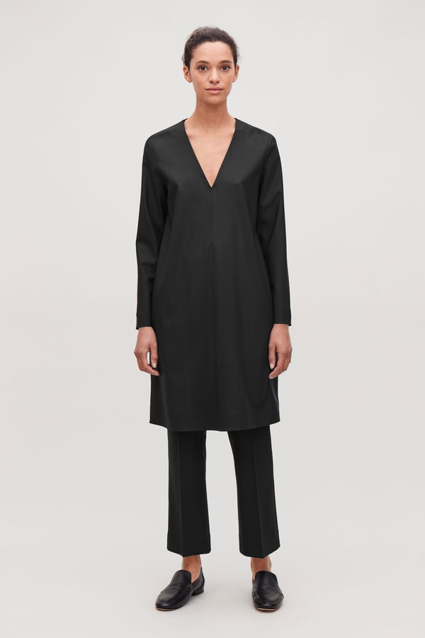 COS Long-Sleeved V-Neck Dress in Black | endource