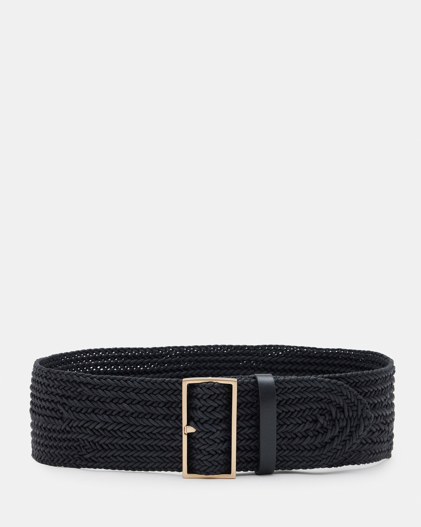 ALLSAINTS Larisa Wide Woven Belt in BLACK/WARM BRASS | endource